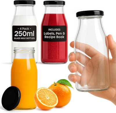 4-Pack 250ml Glass Milk Bottles with Airtight Lids & Labels Leakproof ...