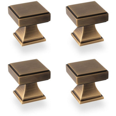 4 PACK - Chunky Square Cupboard Door Knob - 30mm - Antique Brass Kitchen Pull Handle