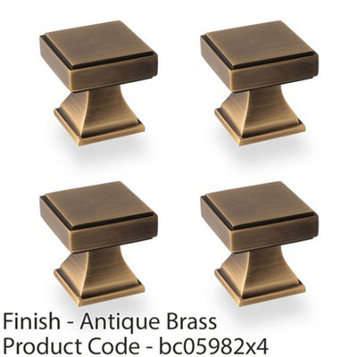 4 PACK - Chunky Square Cupboard Door Knob - 30mm - Antique Brass Kitchen Pull Handle