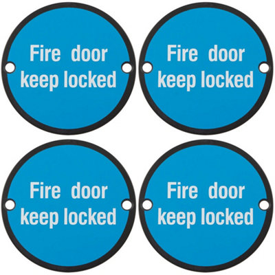 4 PACK - Fire Door Keep Locked Sign 64mm Fixing Centres 76mm Dia Matt Black