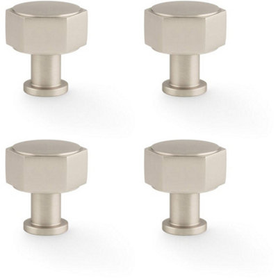 4 PACK - Industrial Hex Cabinet Door Knob - 33mm Satin Nickel Cupboard Pull Handle