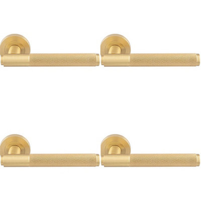 4 PACK - Luxury Knurled Door Handle Set - Satin Brass Angled Lever on ...