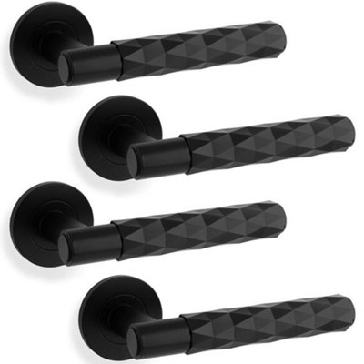 4 PACK - PAIR Diamond Lever on Round Rose Door Handle - Matt Black ...