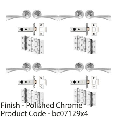 4 PACK - Premium Door Handle & Latch Pack Set- Polished Chrome Curved ...