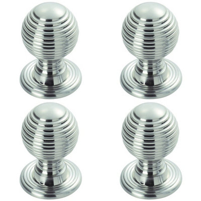 4 PACK - Reeded Ball Door Knob - 35mm Polished Chrome Lined Cupboard Pull Handle & Rose