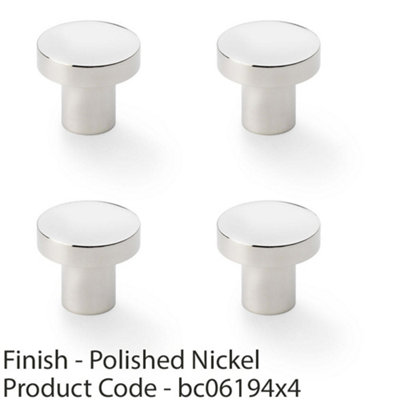 4 PACK - Slim Round Door Knob - Polished Nickel 30mm Modern Cupboard ...