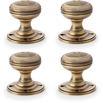 4 PACK - SOLID BRASS Classic Ringed Mortice Door Knob - Antique Brass 50mm Diameter