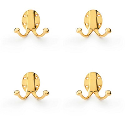 4 PACK - SOLID BRASS Traditional Double Robe Hook - Wall Mounted Holder ...