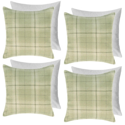 4 Pack Woven Check Filled Cushion Covers, Sage - 45x45cm | DIY at B&Q