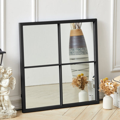 4 Pane Black Classic Square Wall Mount Metal Framed Window Mirror ...