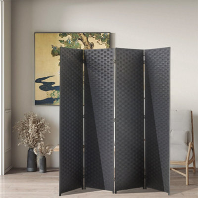 4 Panel Black Folding Room Divider Privacy Screen Rattan Effect Room ...