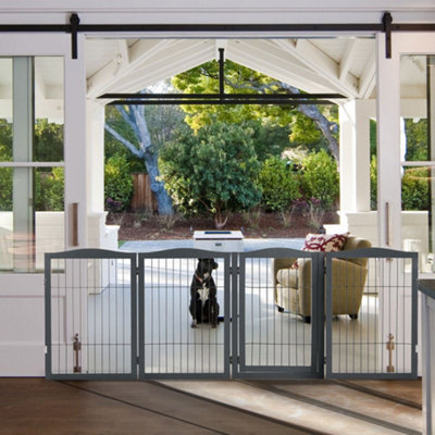 4-Panel Grey Wooden Folding Pet Playpen Freestanding Pet Gate with ...