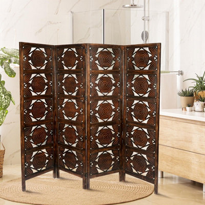 4 Panel Heavy Duty Carved Screen Wooden Swirl Design Room Divider Dark ...