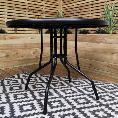 4 Person Round Black Garden Table with Glass Top & Parasol Hole