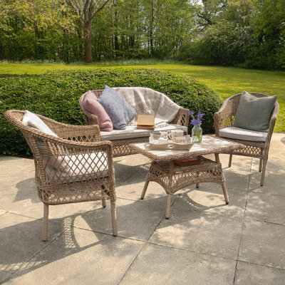 4 Piece Brown Wicker Style Garden Furniture Set Outdoor Weatherproof Table Sofa 2 Chairs with Cushions for Patio Decking