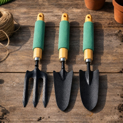 4-PIECE GARDEN HAND TOOL SET WITH WOODEN HANDLES (FORK, TROWEL ...