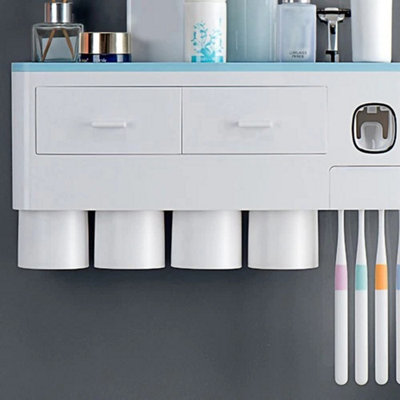 4-Piece Magnetic Toothbrush Holder with Blue Cups Inverted Wall-Mount ...