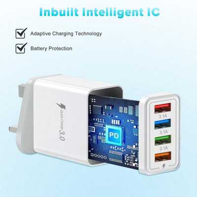 4 Port USB Fast Wall Charger Plug Adapter - Quick Charge 3.0 UK Mains ...