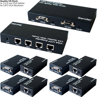 4 Port Way VGA & Audio Over Single CAT5e CAT6 Splitter PC Distribution ...