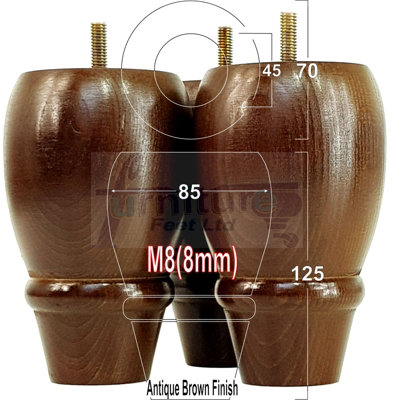 4 REPLACEMENT FURNITURE BUN FEET ANTIQUE BROWN TURNED WOODEN LEGS 125mm ...