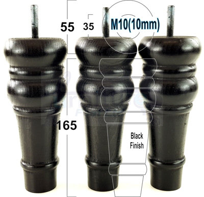 4 REPLACEMENT FURNITURE FEET BLACK TURNED WOODEN LEGS 165mm HIGH SETTEE ...