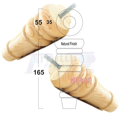4 REPLACEMENT FURNITURE FEET NATURAL TURNED WOODEN LEGS 165mm HIGH ...
