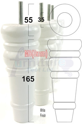 4 REPLACEMENT FURNITURE FEET WHITE TURNED WOODEN LEGS 165mm HIGH SETTEE ...