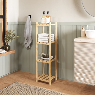 4 SHELF NARROW SLATTED STORAGE UNIT, SOLID PINE WOOD, NATURAL SANDED