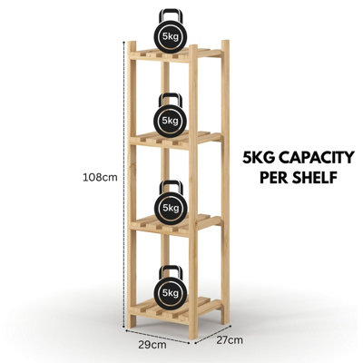 4 Shelf Narrow Slatted Storage Unit, Solid Pine Wood, Natural Sanded