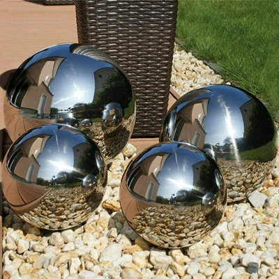 4 SILVER MIRROR SPHERES STAINLESS STEEL GAZING BALLS