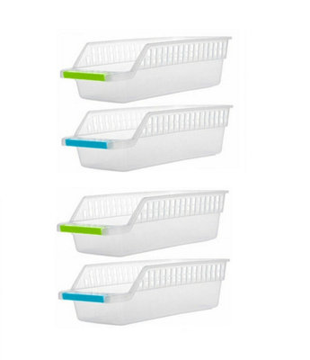 4 Slim Fridge Storage Box Organiser Trays Veg Rack Food Shelf Baskets