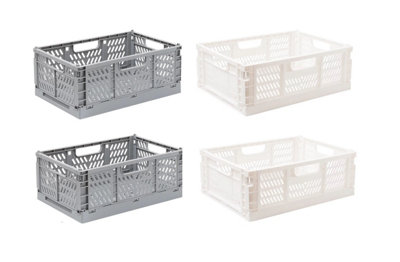 4 Small Folding Stackable Storage Crates Grey & Cream Storage Basket ...