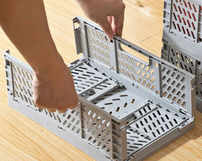 4 Small Folding Stackable Storage Crates Grey & Cream Storage Basket ...