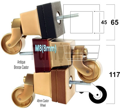 4 Square Antique Bronze Castor Legs 117mm High Traditional Natural ...