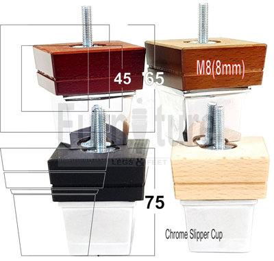 4 Square Chrome Slipper Cup Metal Bottom Legs 75mm High Modern Mahogany ...