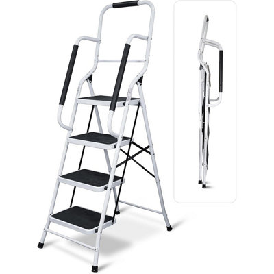 4 Step Safety Stepladder - White Foldable Ladder with Wide Non-Slip ...