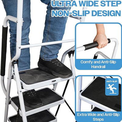 4 Step Safety Stepladder - White Foldable Ladder with Wide Non-Slip ...