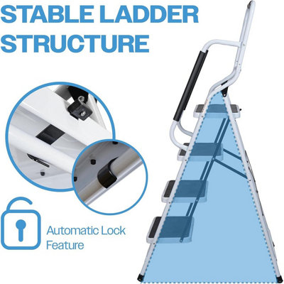 4 Step Safety Stepladder - White Foldable Ladder with Wide Non-Slip ...