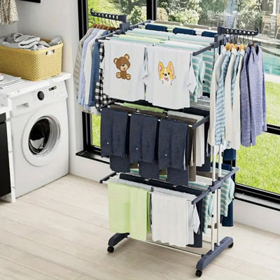 4 Tier Clothes Horse Drying Rack Folding Side Wings Rail Stainless ...