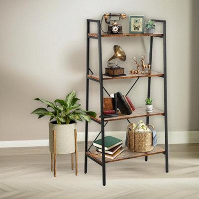 4 Tier Free Standing Ladder Shelf For Living Room Storage Rustic Brown