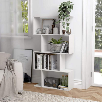 4 Tier S Shaped Bookshelf Wooden Geometric Freestanding Bookcase & Cube ...