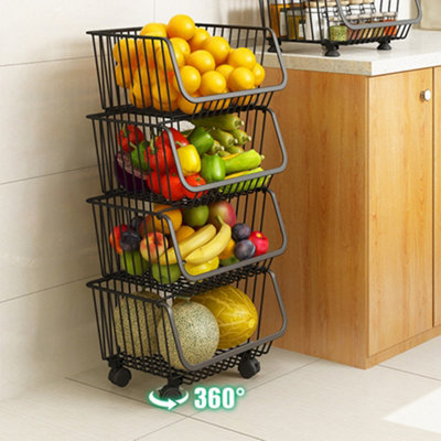 4 Tier Stackable Rolling Metal Wire Basket Trolley Rack Fruit Vegetable ...