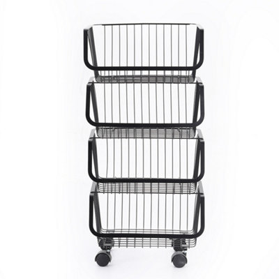 4 Tier Stackable Rolling Metal Wire Basket Trolley Rack Fruit Vegetable ...