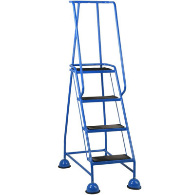 4 Tread Blue Mobile Warehouse Steps - Portable Safety Ladder with Wheels