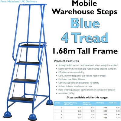 4 Tread Blue Mobile Warehouse Steps - Portable Safety Ladder with Wheels