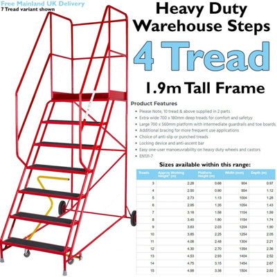 4 Tread Heavy Duty Mobile Warehouse Anti-Slip Safety Ladder - 1.9m