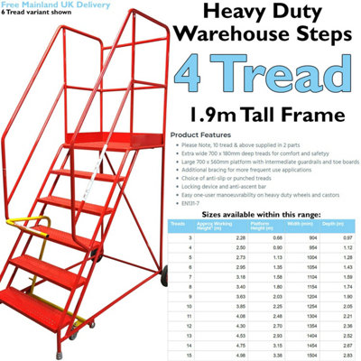 4 Tread HEAVY DUTY Mobile Warehouse Stairs -Punched Steps- 1.9m Safety ...