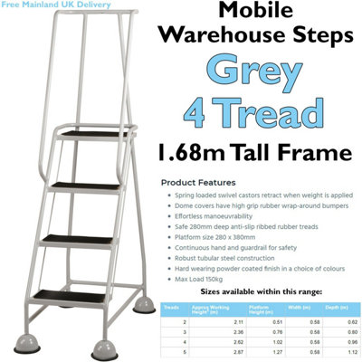 4 Tread Portable Safety Ladder with Wheels - Grey Mobile Warehouse Steps