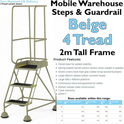 4-Tread Portable Warehouse Safety Steps with Guardrail in Beige - 2m High