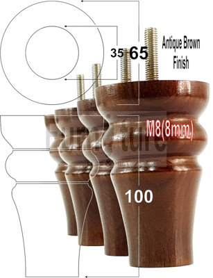 4 Turned Solid Wood Furniture Legs Replacement Settee Feet 100mm High ...